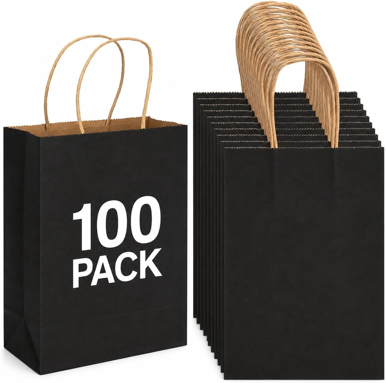 100 Pack 5.9x3.15x8.26 inch Small Gift Bags, Kraft Black Bags with ...