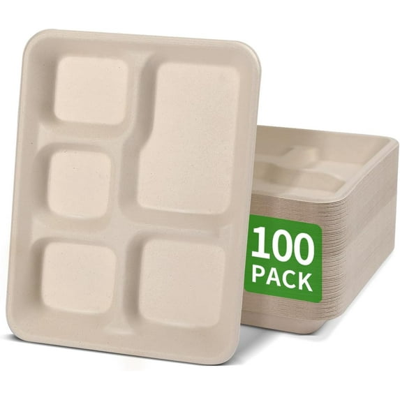 100 Pack 5 Compartment Paper Plates, 10 * 8 inch Disposable Lunch Trays ...