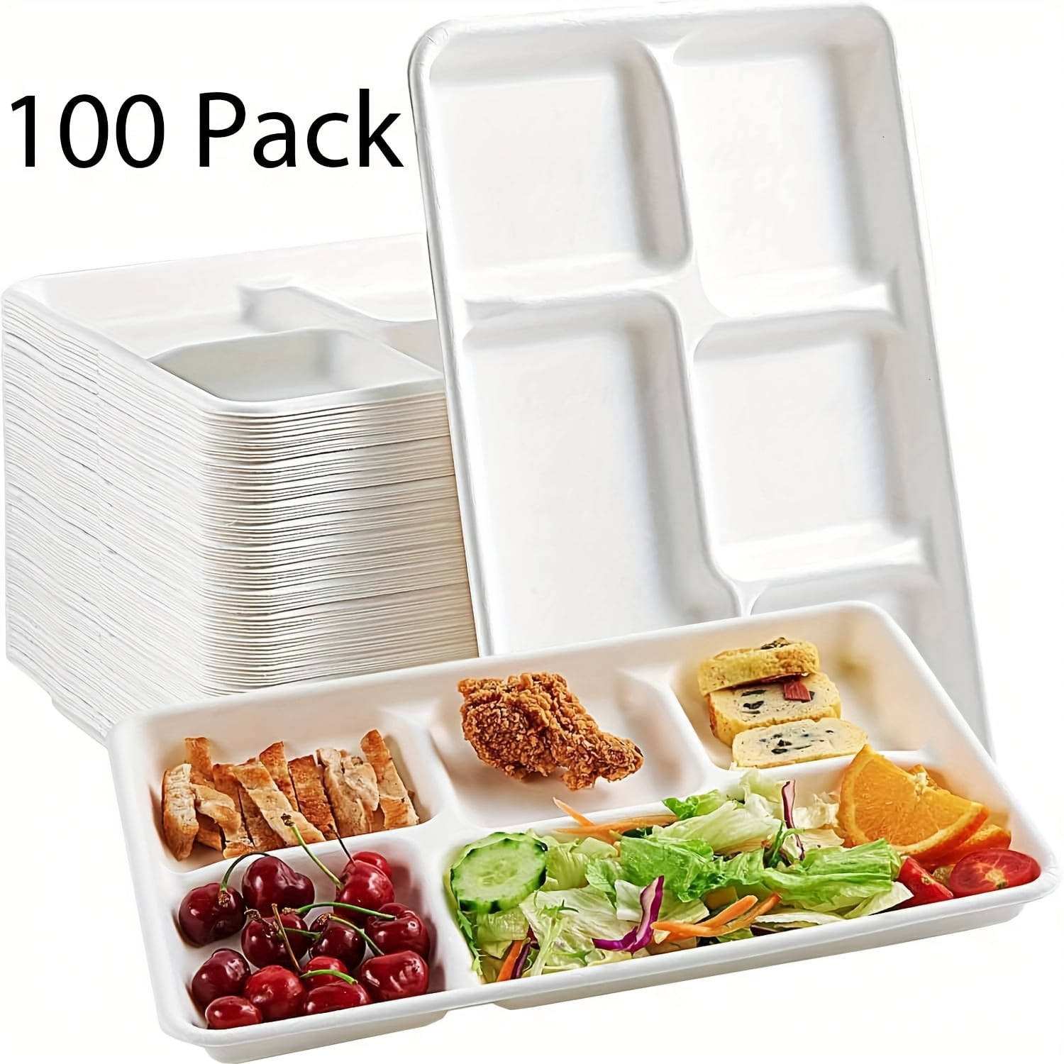 100-Pack 5-Compartment Paper Plates | Heavy-Duty Sugarcane Fiber ...