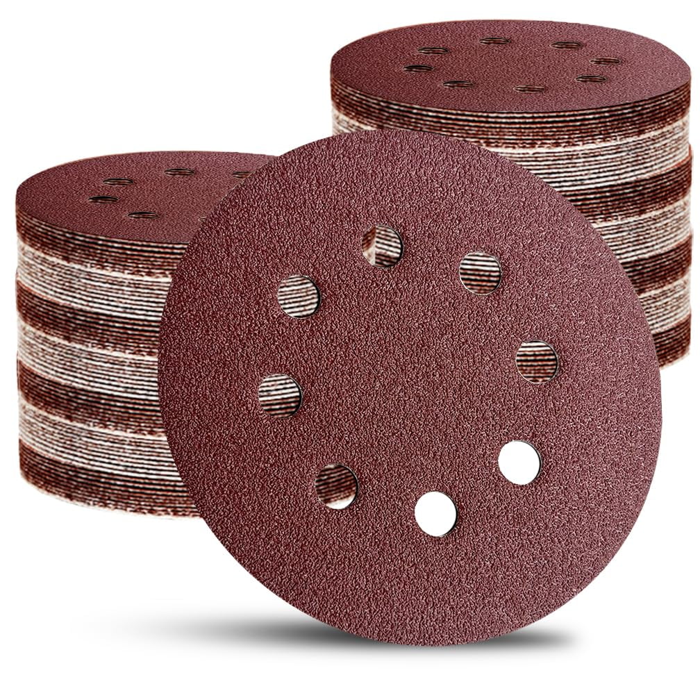 100-Pack 5-Inch 8-Hole Hook and Loop Sanding Discs, Aluminum Oxide ...