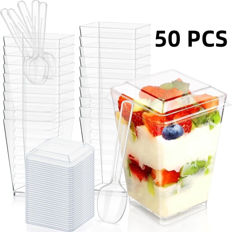 100-Pack 5oz Clear Plastic Dessert Cups with Lids & Spoons - Square ...