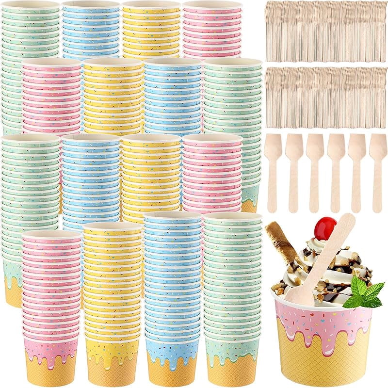 100 Pack 6 oz Paper Ice Cream Cups with Spoons Paper Dessert Cups ...