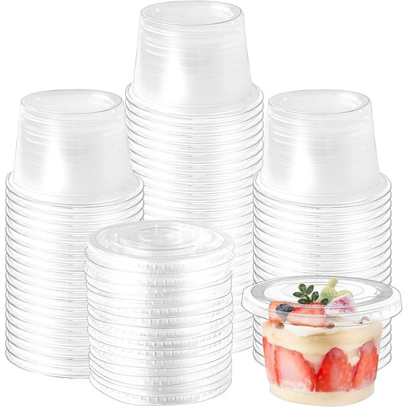 100 Pack 8 OZ Disposable Plastic Cups with Flat Lids,Clear Dessert Cups ...