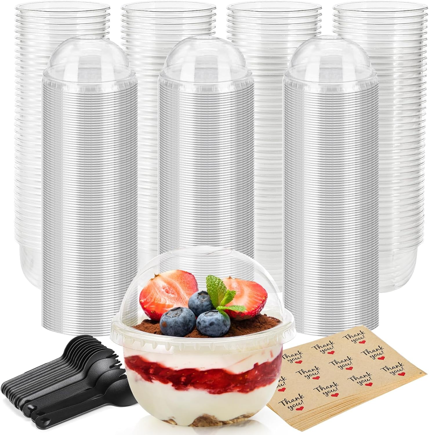 100 Pack 8 OZ Plastic Dessert Cups with Dome Lids, No Hole Clear Yogurt ...