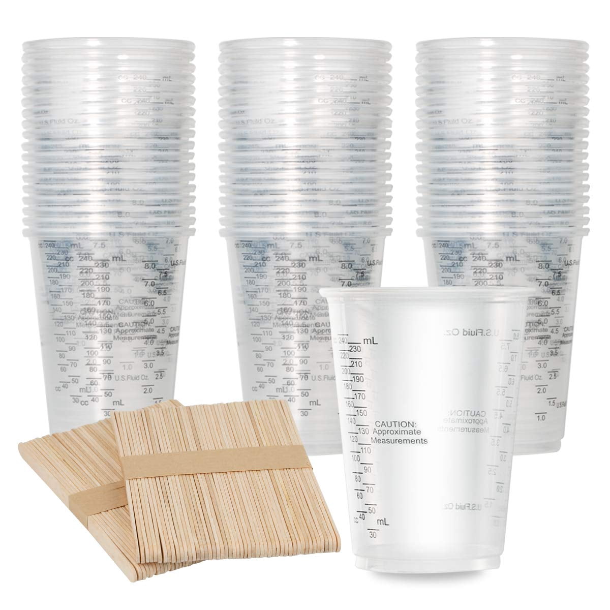 100 Pack 8 Ounce Graduated Transparent Plastic Cups with 100 Wooden ...