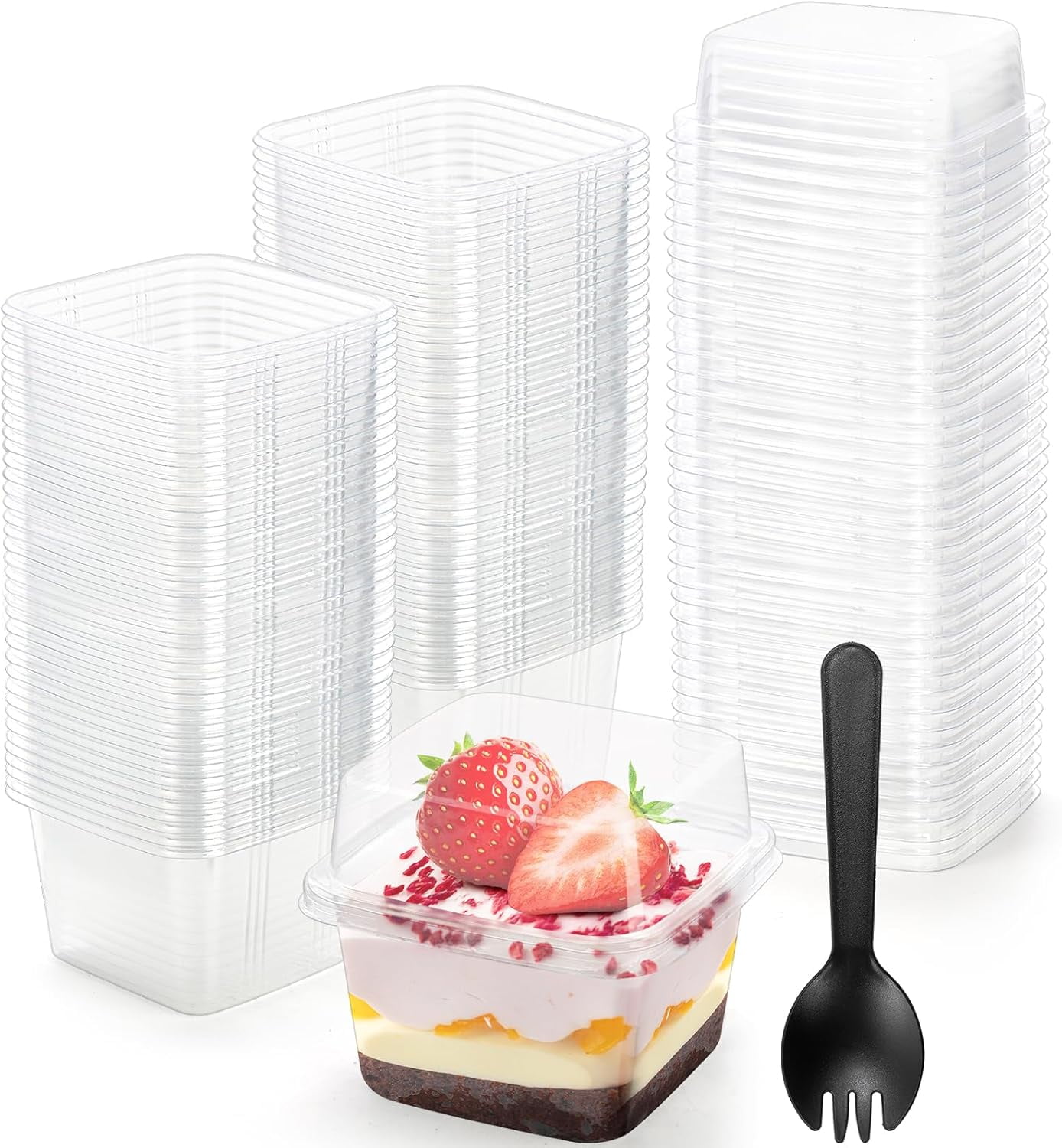 100 Pack 8 oz Square Plastic Dessert Cups with Lids and Sporks, Clear ...
