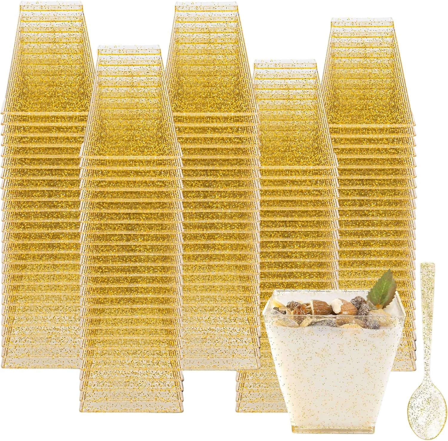 100 Pack 8oz Gold Glitter Medium Plastic Dessert Cups With 100 Spoons ...