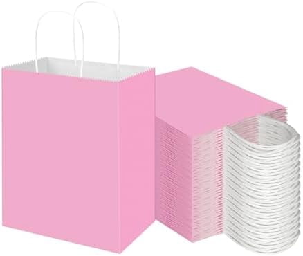 100 Pack 8x4.75x10 Inch Medium Light Pink Kraft Paper Bags with Handles ...