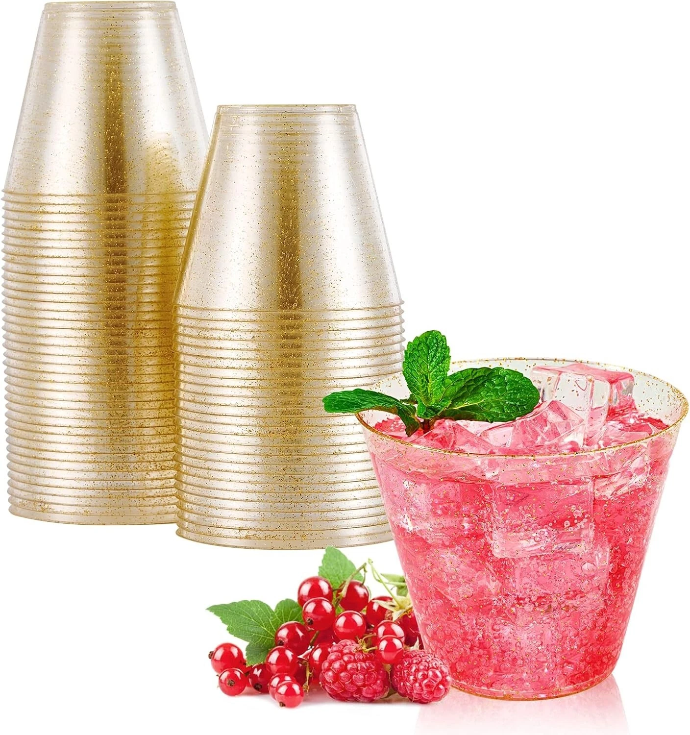 100 Pack 9 Oz Glitter Plastic Cups, Disposable Gold Cups Party Wedding ...