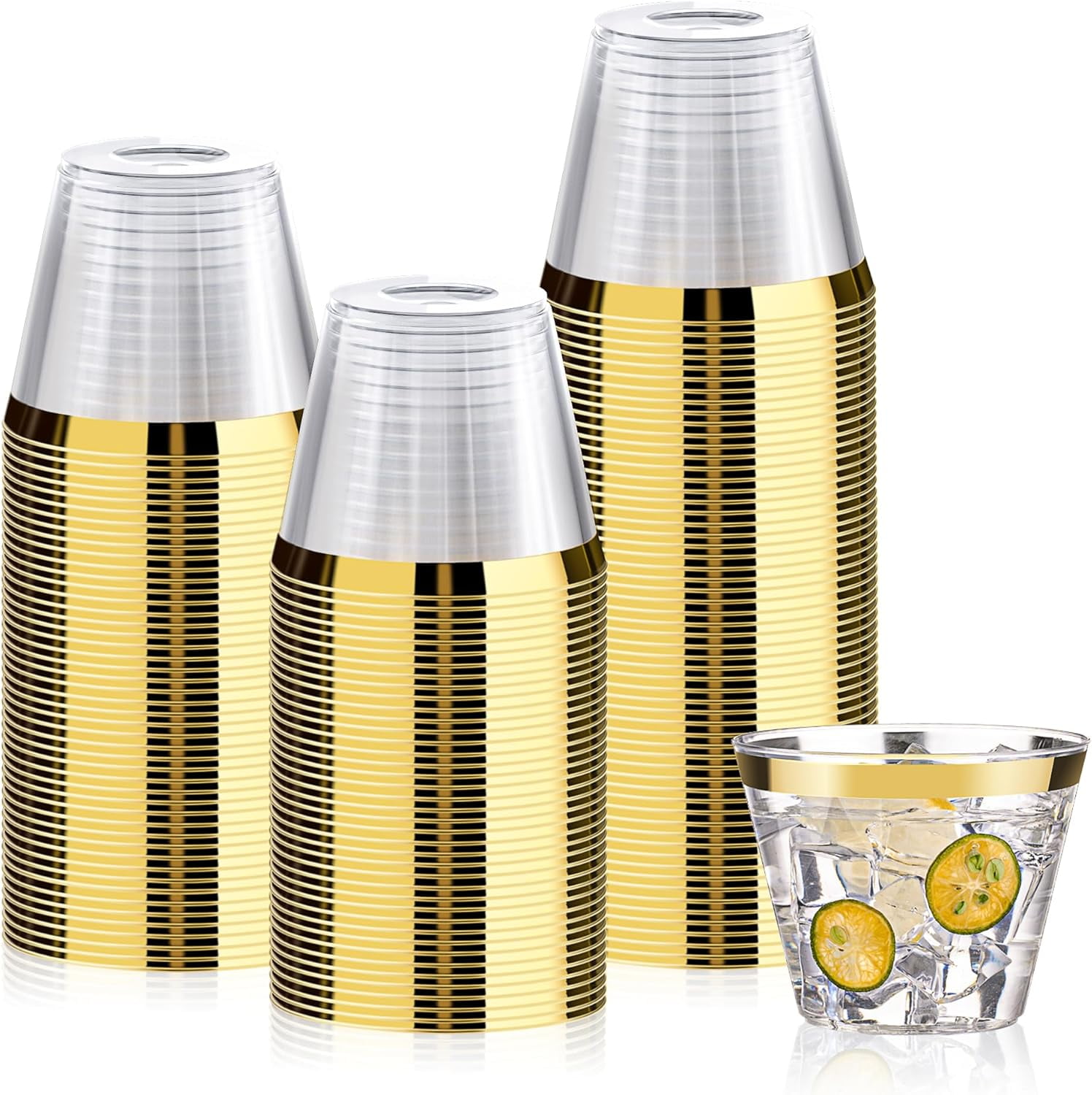 100 Pack 9 oz Gold Plastic Cups, Clear Disposable Cups with Gold Rim ...
