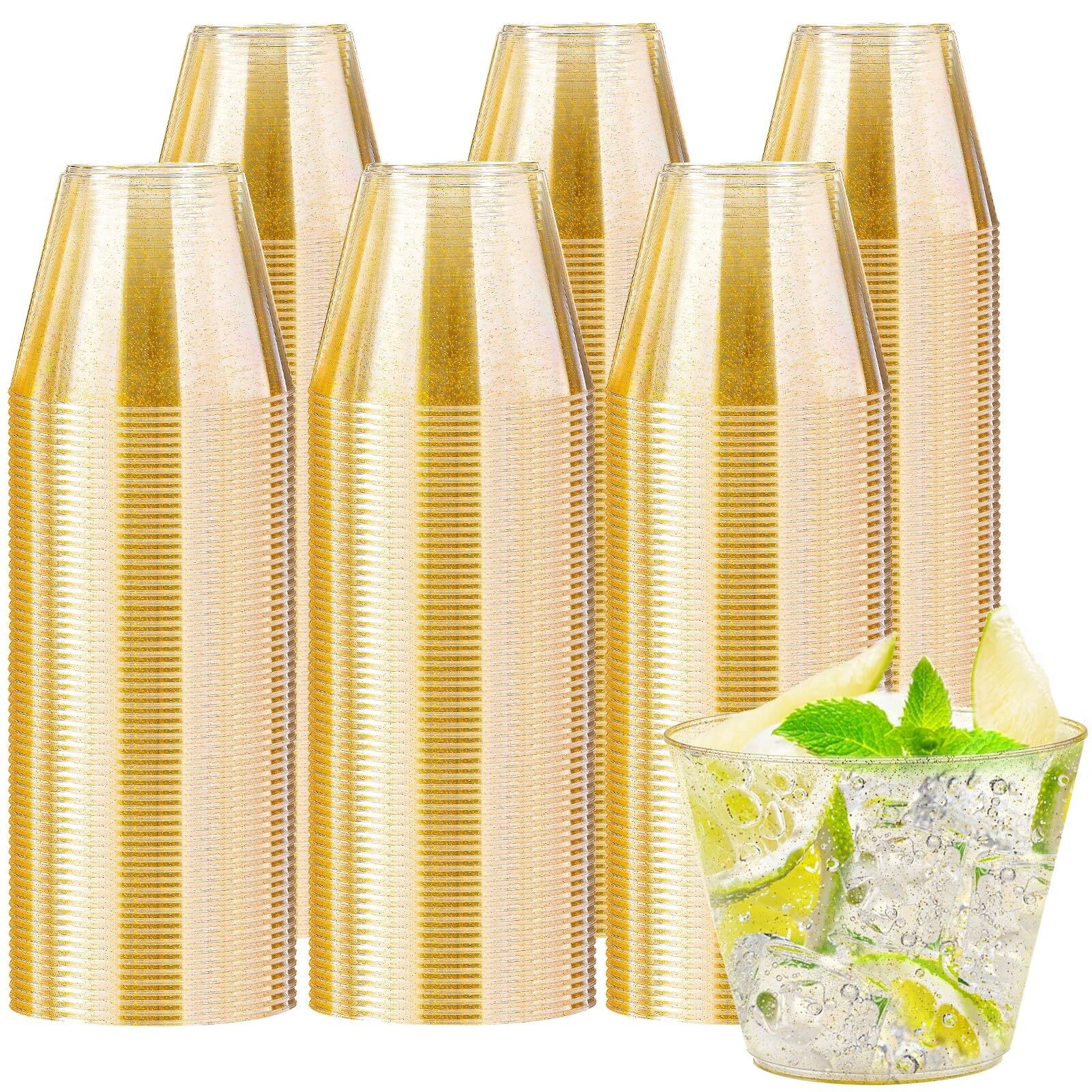 100 Pack 9 oz Gold Plastic Cups, Disposable Gold Glitter Plastic Cups ...
