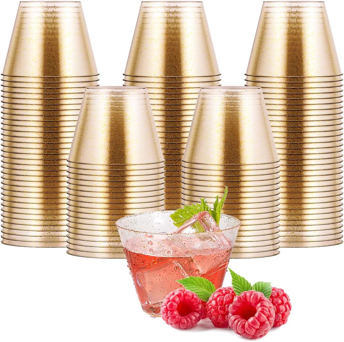 100 Pack 9 oz Gold Plastic Cups, Disposable Gold Glitter Plastic Cups ...