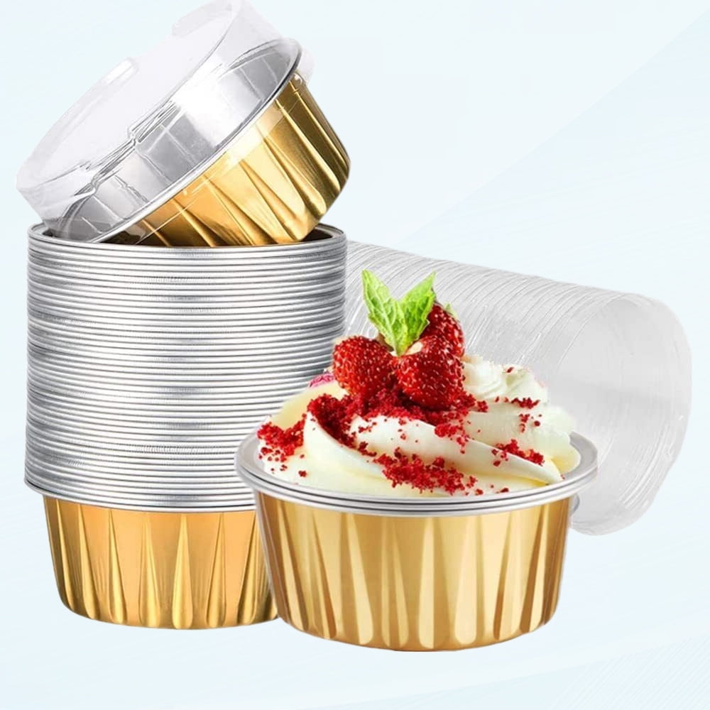 100 Pack Aluminum Foil Baking Cups with Lids 5 oz Muffin Tin Dessert Cups Disposable Mini Cake ...