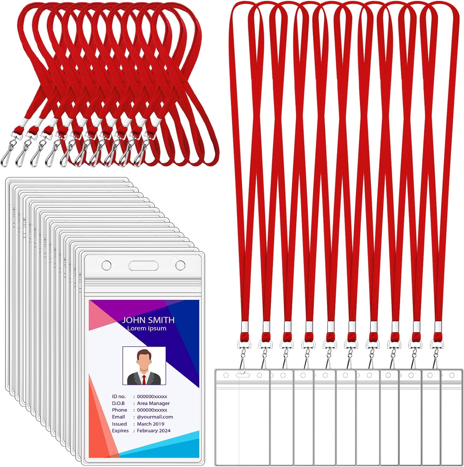 100 Pack Badge Lanyards with ID Card Holders Red Vertical Waterproof ...