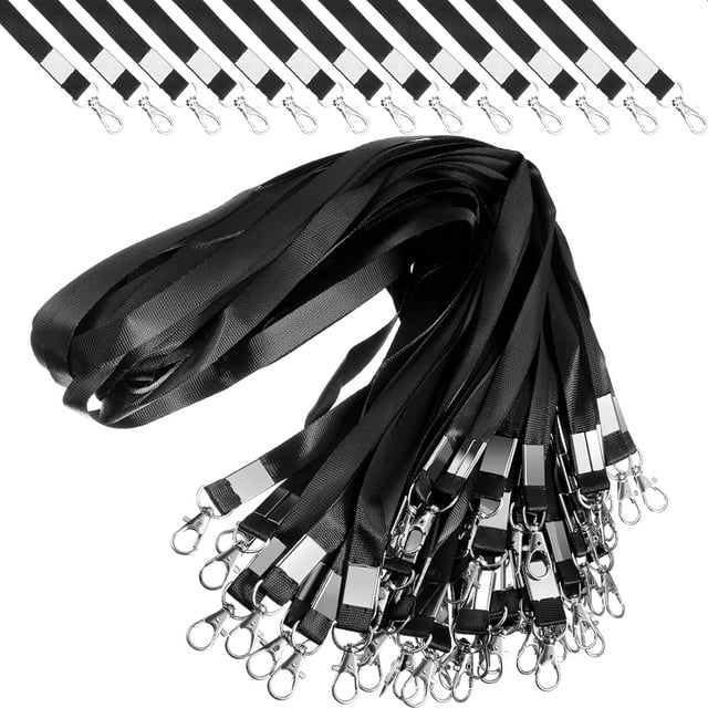 100 Pack Black Lanyard Badge Lanyards for ID Badges Flat Nylon Badge ...