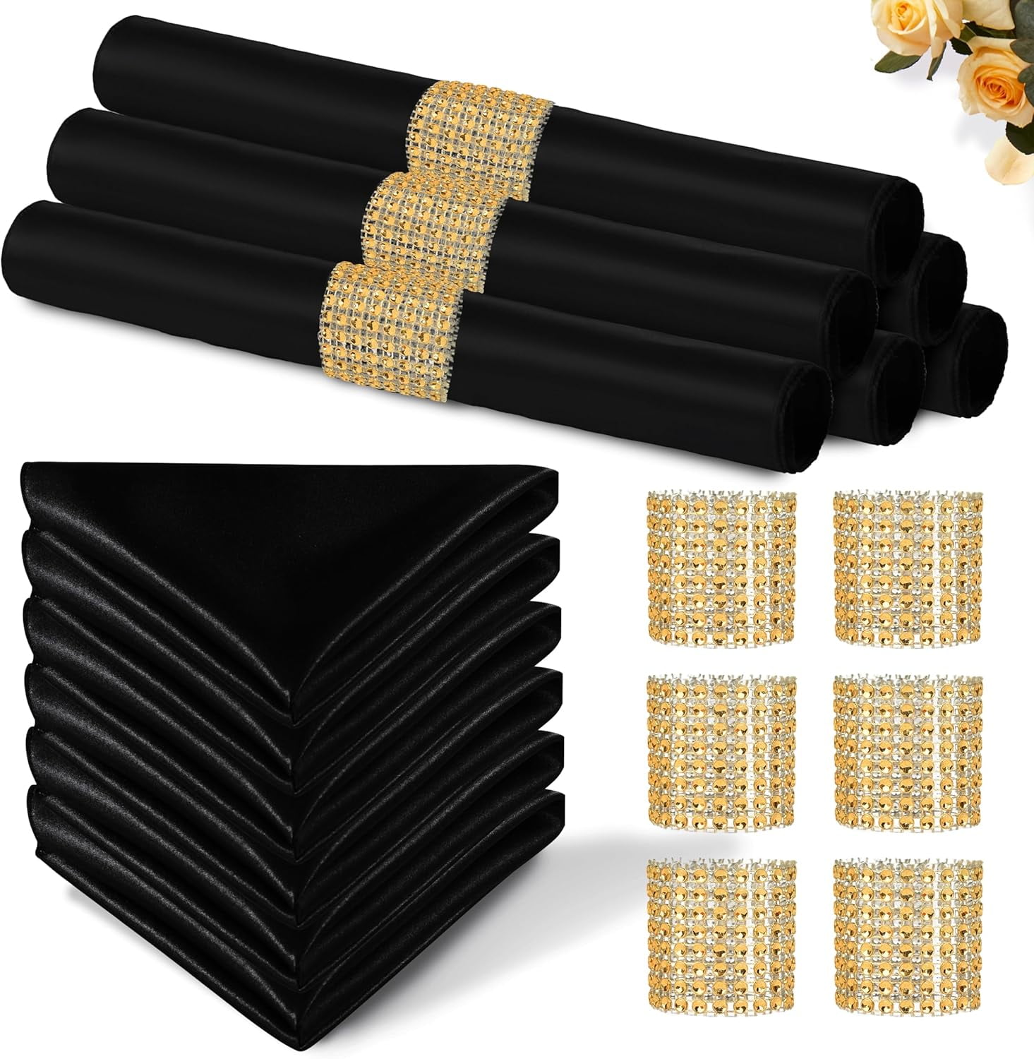 100 Pack Black Satin Napkins and Napkin Rings Set, 12 x 12 Inch Silky ...