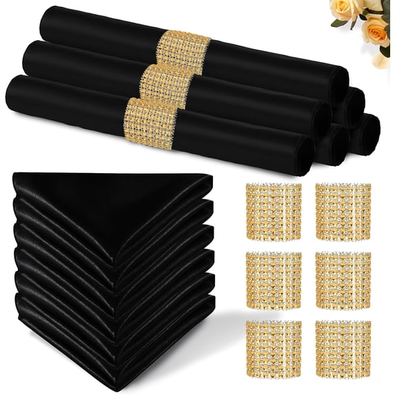 100 Pack Black Satin Napkins and Napkin Rings Set, 12 x 12 Inch Silky ...
