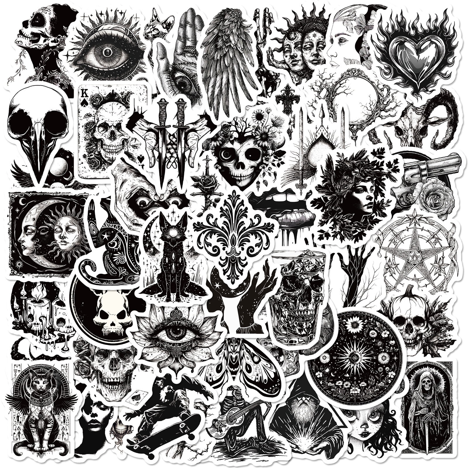 100-Pack Black & White Gothic Stickers, Skull & Punk Aesthetic Decals ...