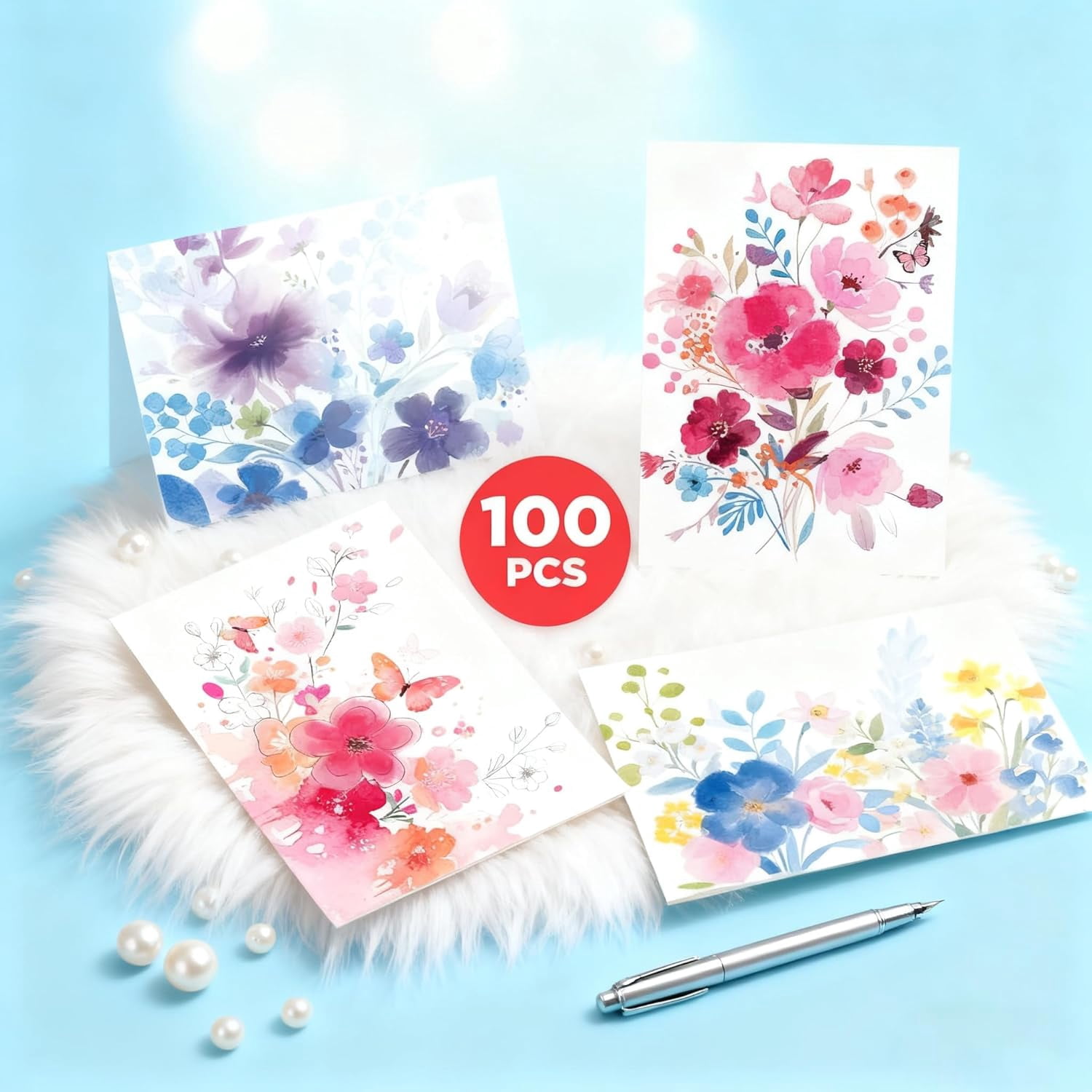 100 Pack Blank Cards and Envelopes, 3.5 x 5 Inch Watercolor Flowers ...
