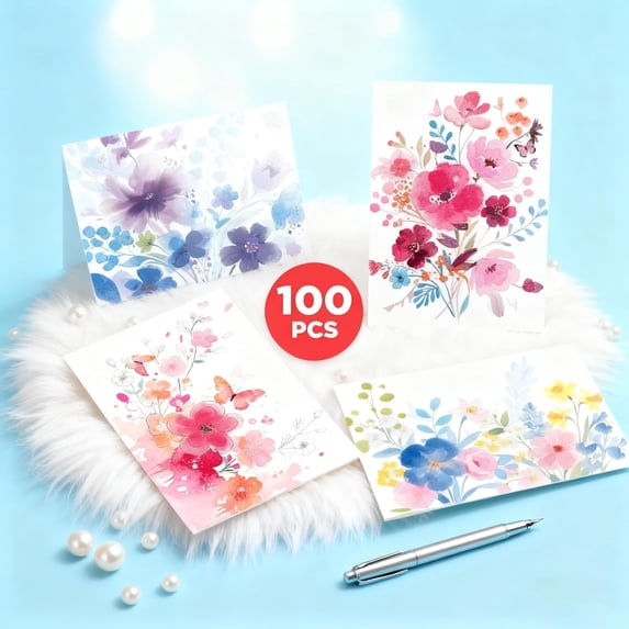100 Pack Blank Cards and Envelopes, 3.5 x 5 Inch Watercolor Flowers ...