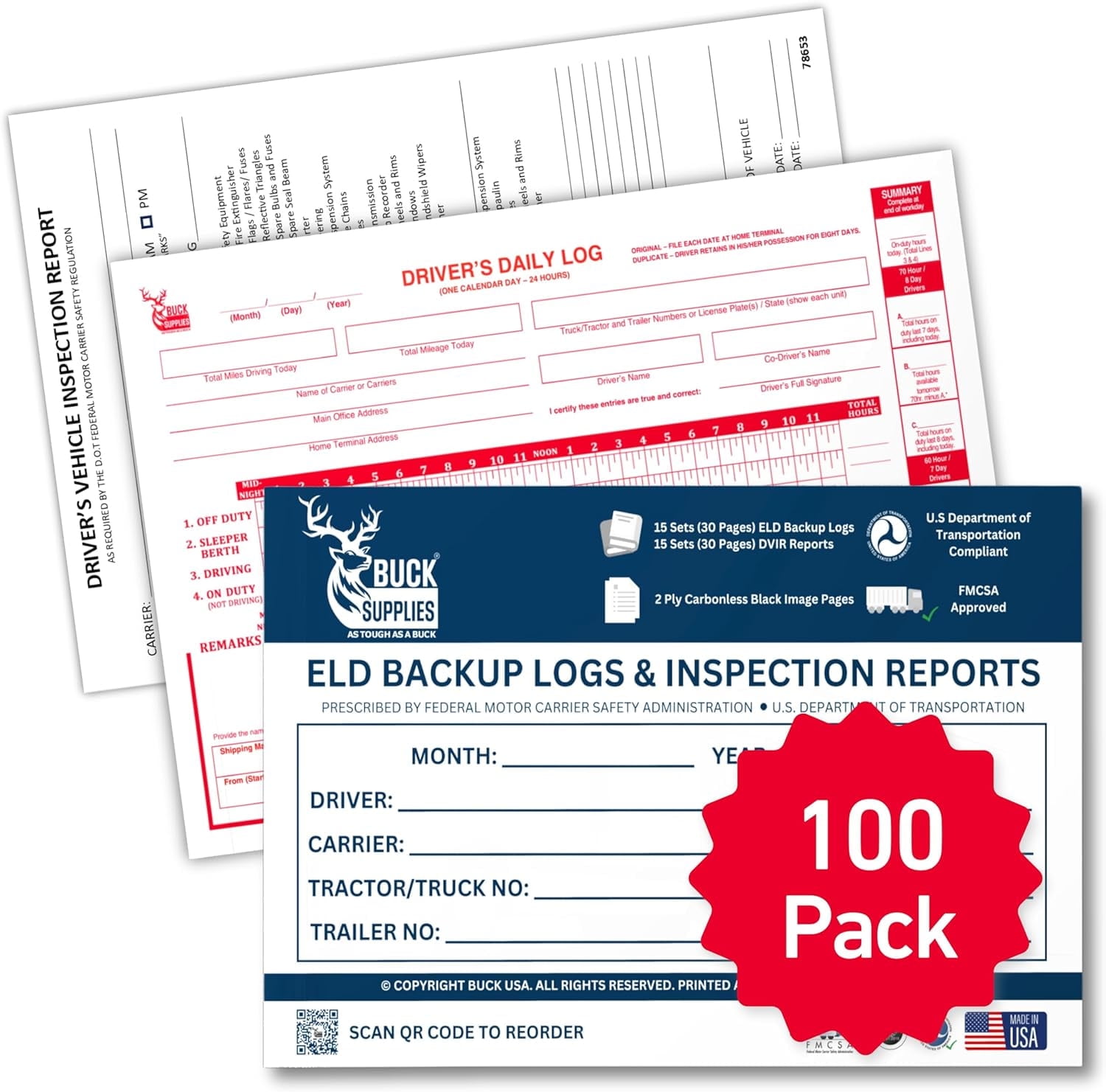 100 Pack Buck ELD Backup Driver Log Book with Detailed Driver Vehicle ...