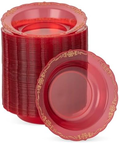 100 Pack Clear Red Plastic Bowls with Gold Rim, 12oz Plastic Salad Bowl ...