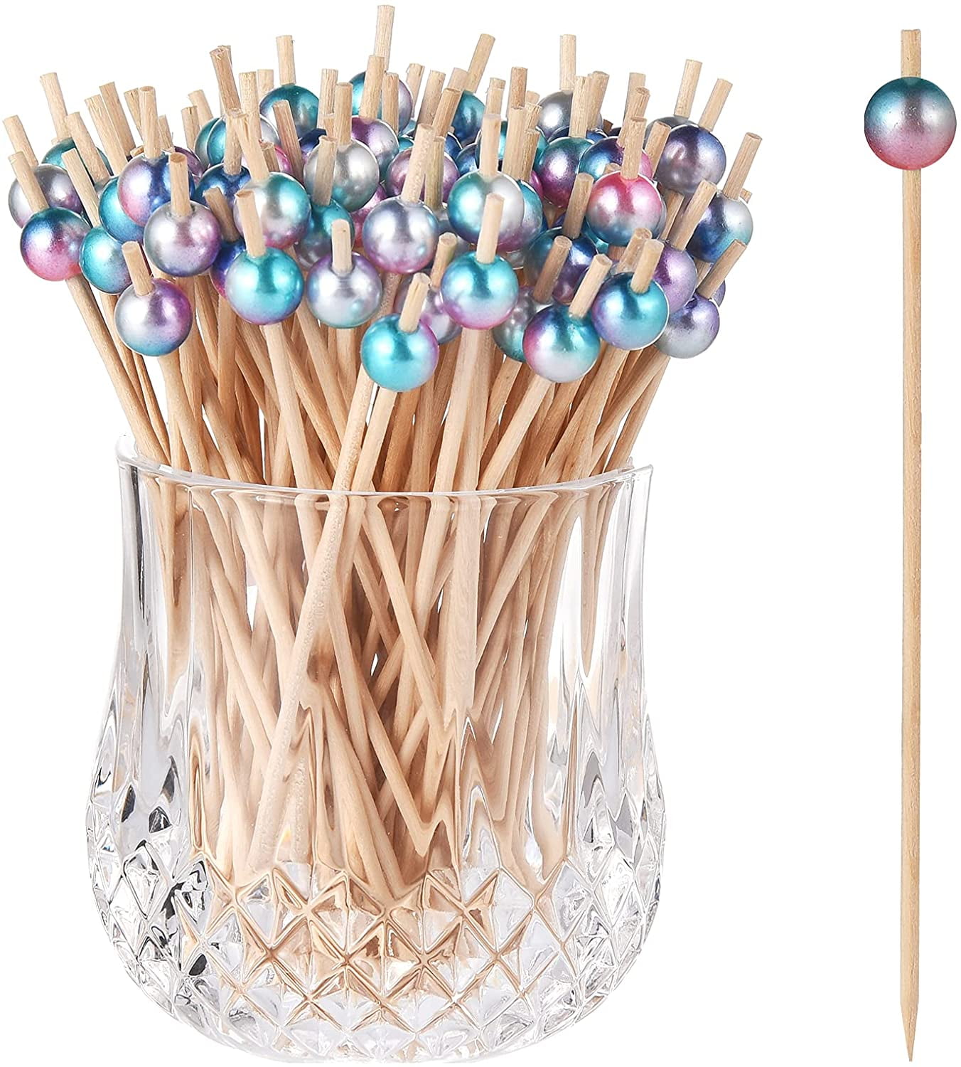 100-Pack Cocktail Picks for Appetizers, Rainbow Pearl Wooden Toothpicks ...