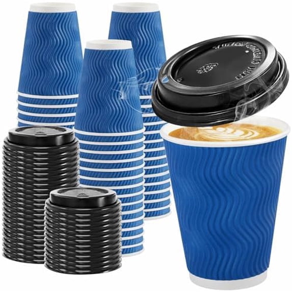 100 Pack Coffee Cups with Lids 12oz, Disposable Insulated Ripple Wall ...