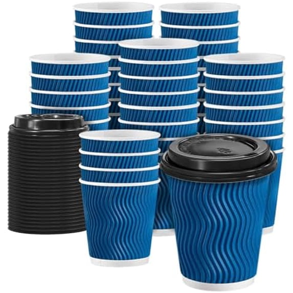 100 Pack Coffee Cups with Lids 8 oz, Disposable Insulated Ripple Wall ...