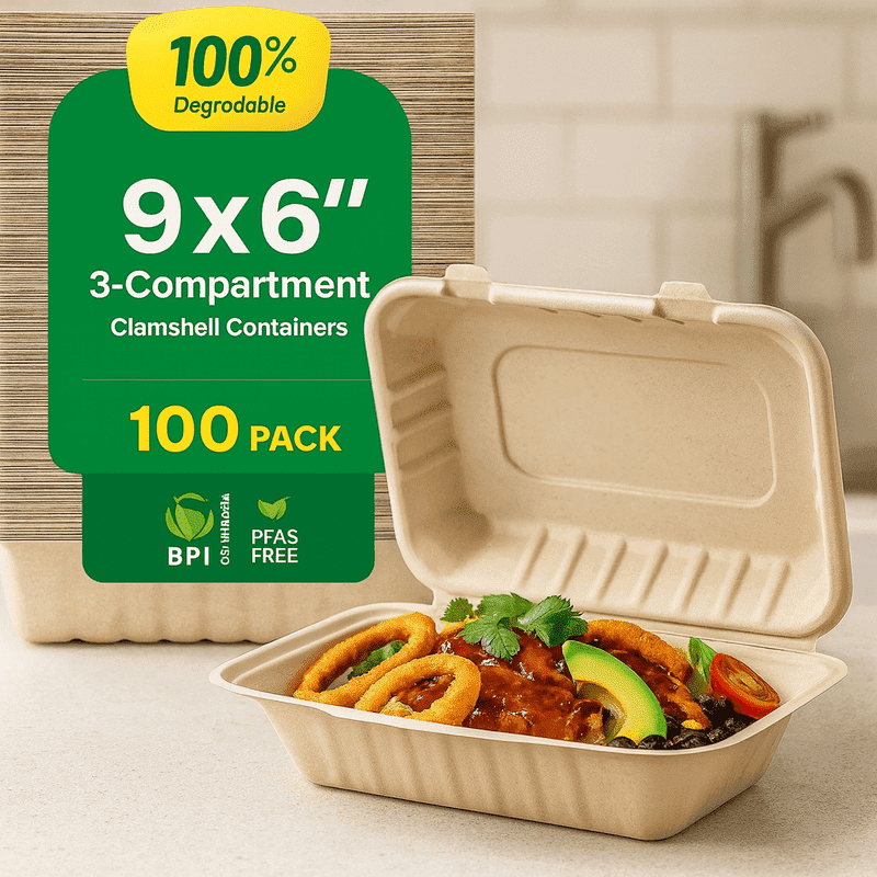 100-Pack Compostable Hinged Take Out Food Containers with Lids, 9x6 ...
