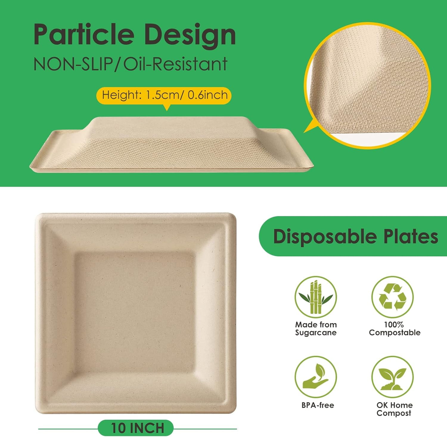 100 Pack Compostable Square Plates 10 Inch Disposable Paper Plates ...