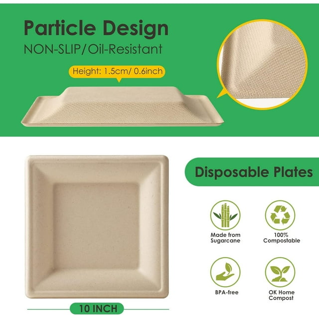 100 Pack Compostable Square Plates 10 Inch Disposable Paper Plates ...