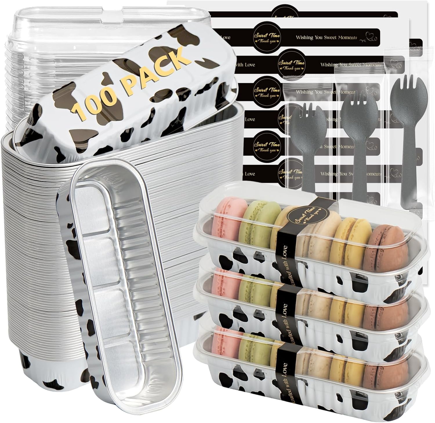 100 Pack Cow Print Mini Loaf Pans with Lids and Spoons Disposable ...