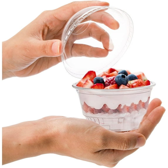 100 Pack Dessert Cups with Dome Lids, 5 oz Clear Plastic Cups, Disposable Ice Cream Cups for ...