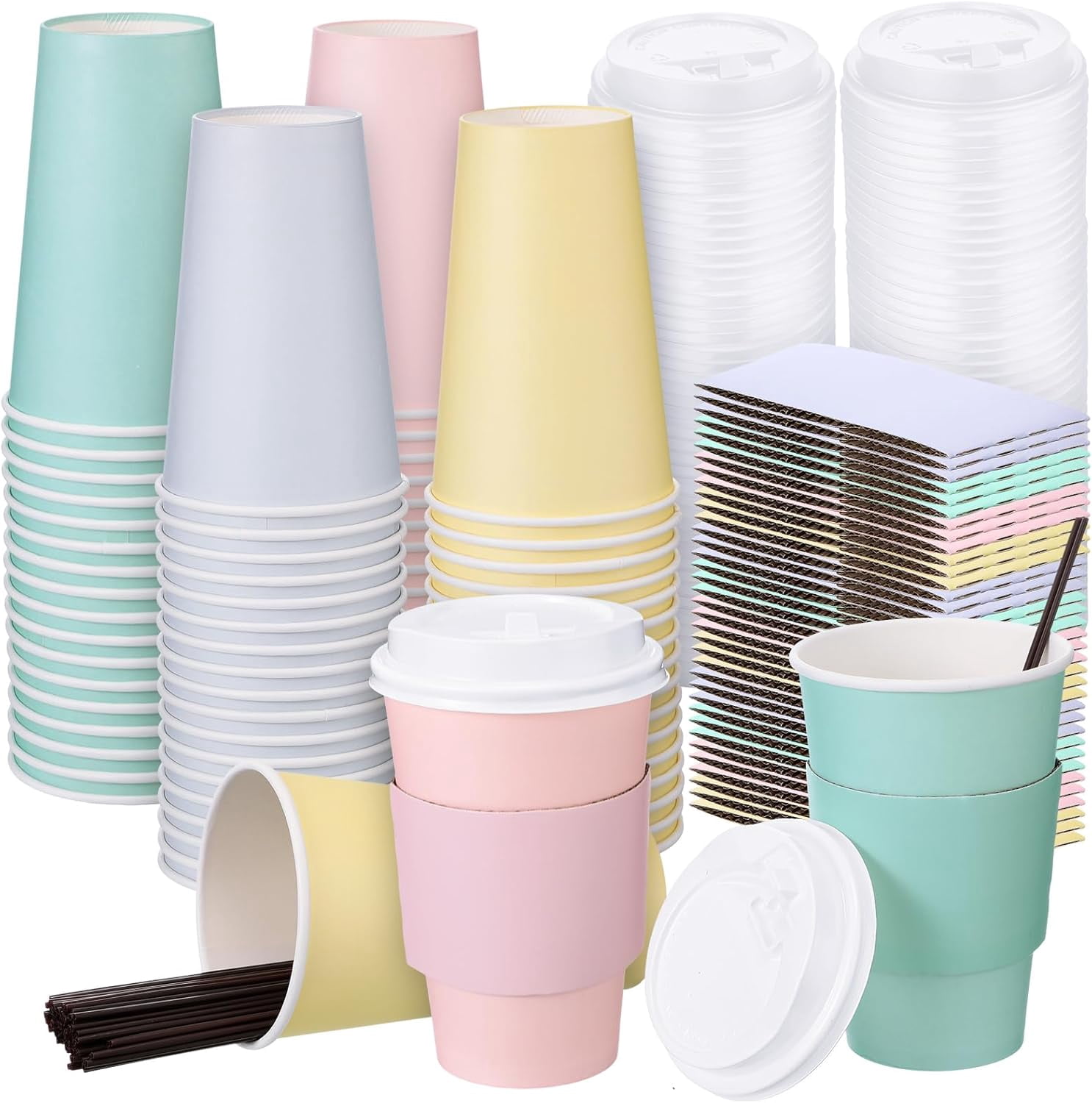 100 Pack Disposable Coffee Cups with Lids 16 oz Summer Paper Coffee ...