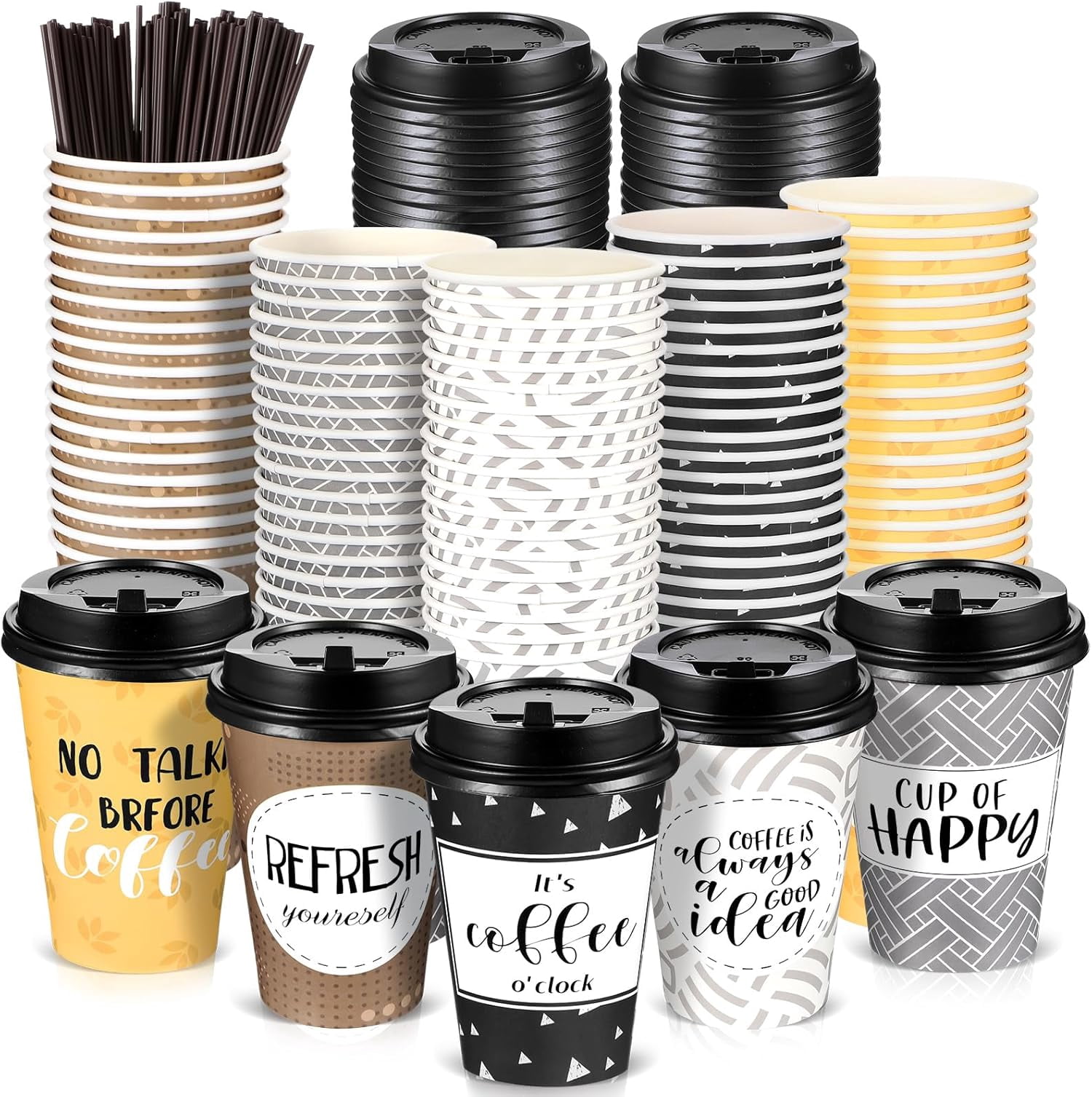 100 Pack Disposable Coffee Cups with and Straws, Motivational Paper ...