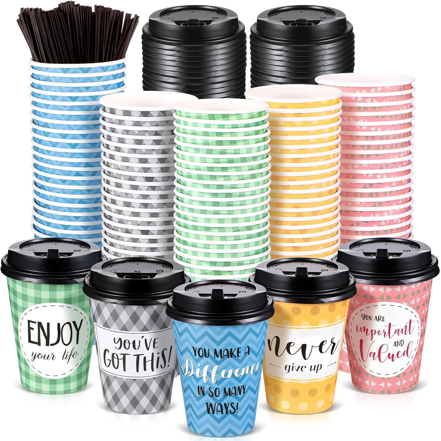 100 Pack Disposable Coffee Cups with and Straws, Motivational Paper Hot ...