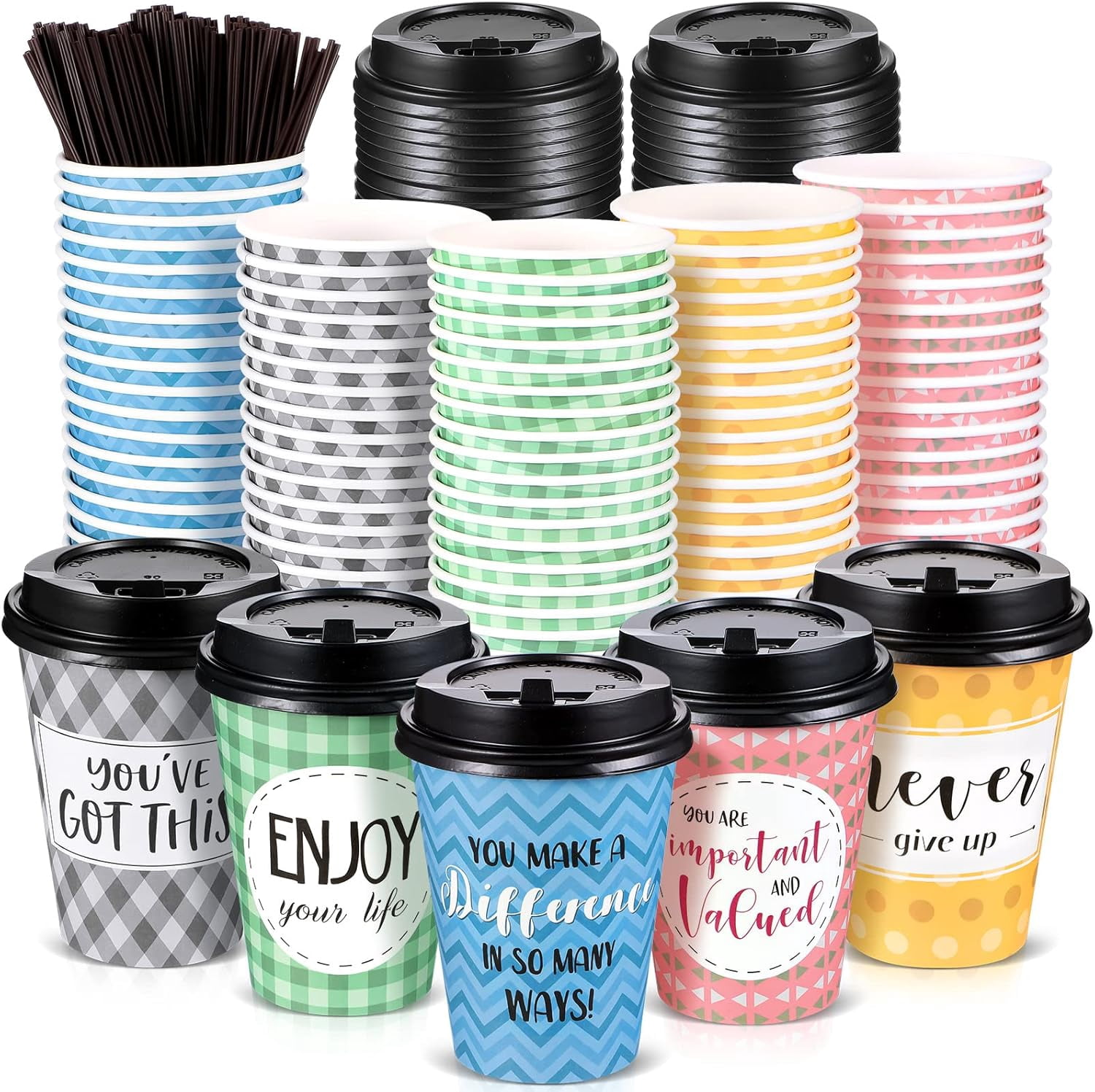 100 Pack Disposable Coffee Cups with and Straws, Motivational Paper Hot ...