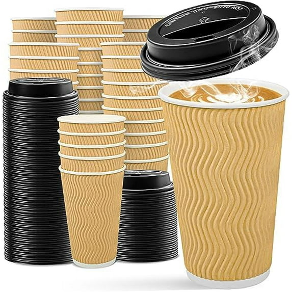 100 Pack Disposable Coffee Cups with Lids 16 oz, Insulated Ripple Wall ...