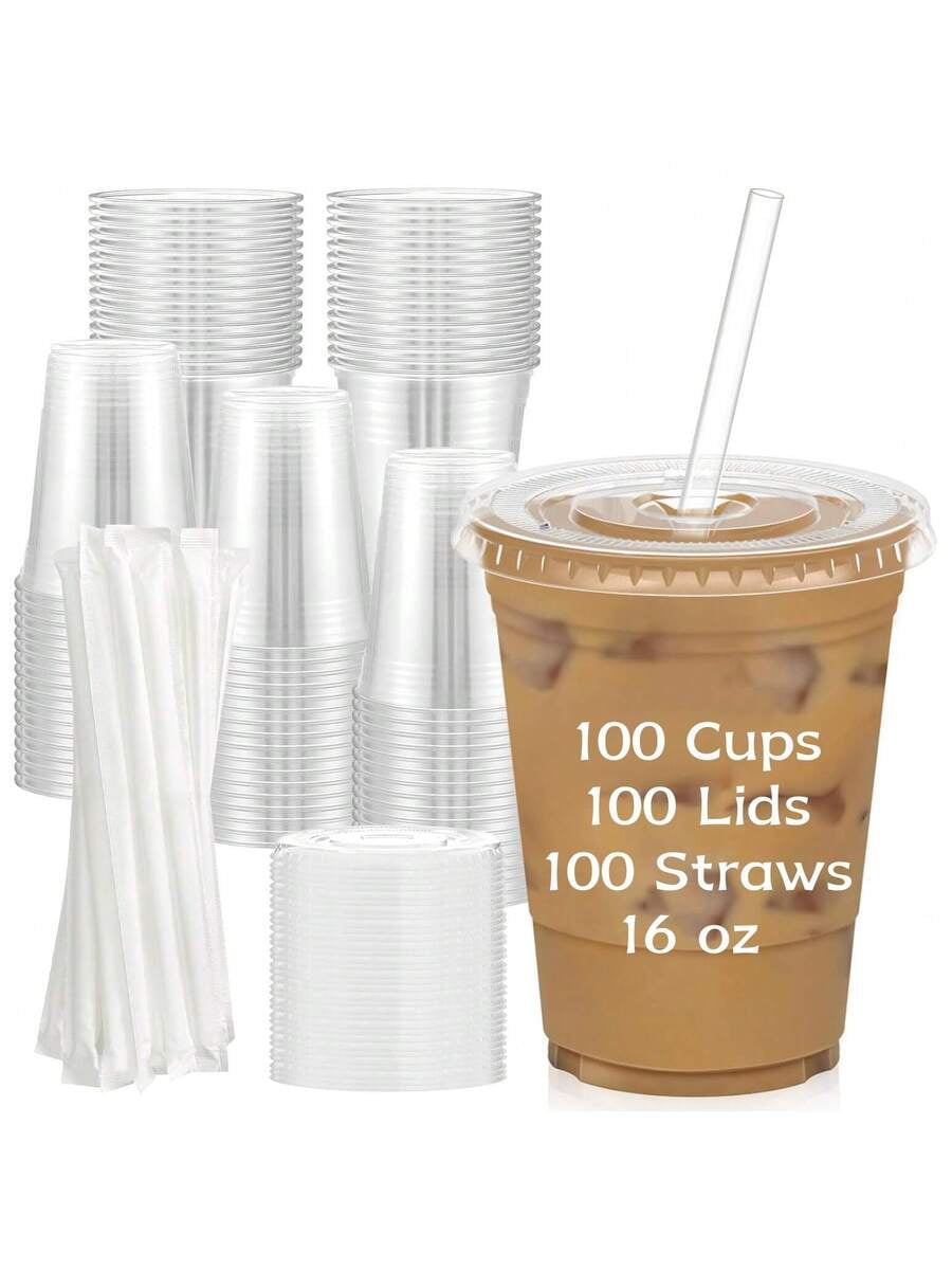 100 Pack Disposable Plastic Cups with Flat Lids and Straws, 16 oz ...