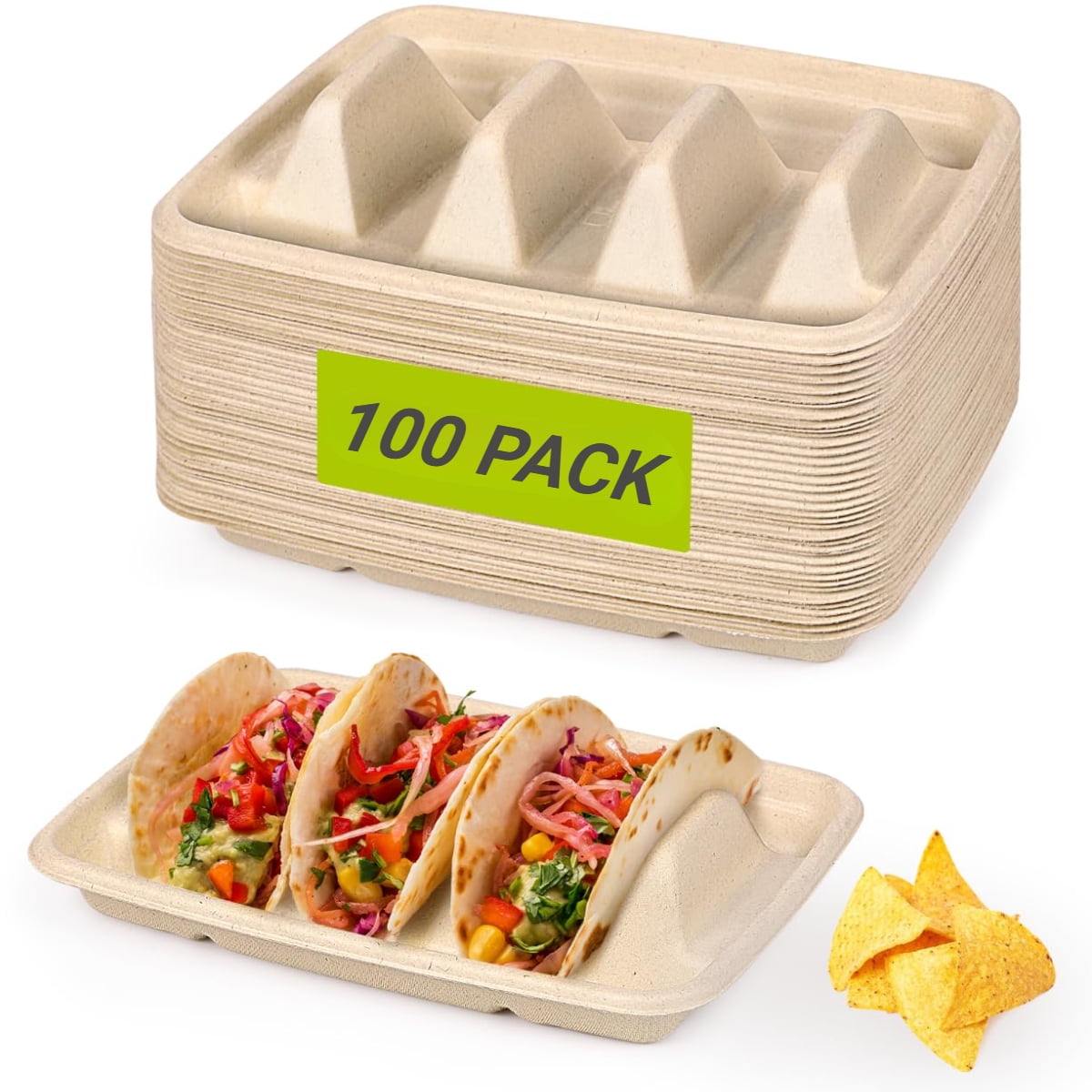 100 Pack Disposable Taco Holder, 3 Compartments Biodegradable Taco ...