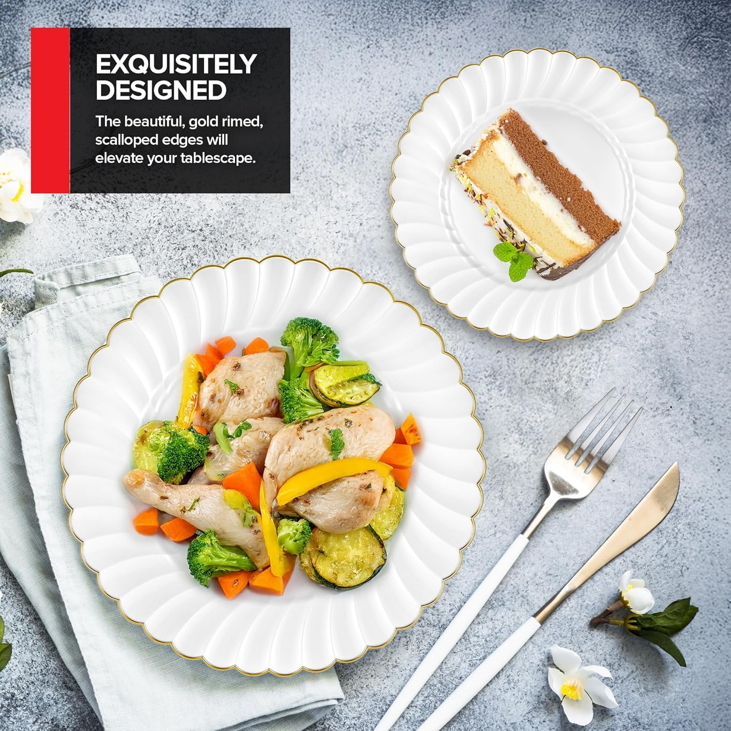 100 Pack – Elegant Ivory & Gold Scalloped Plastic Plates – Heavy-Duty ...