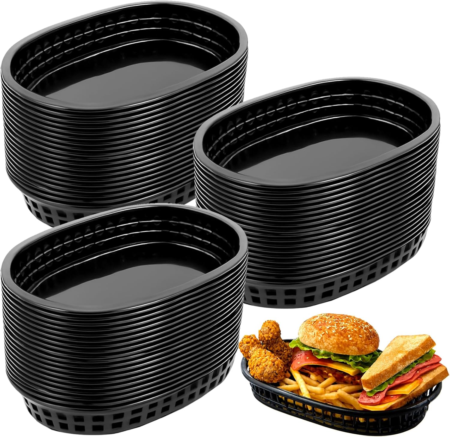 100 Pack Fast Food Baskets, 10.5 x 7 Inch Black Restaurant Tray Plastic ...