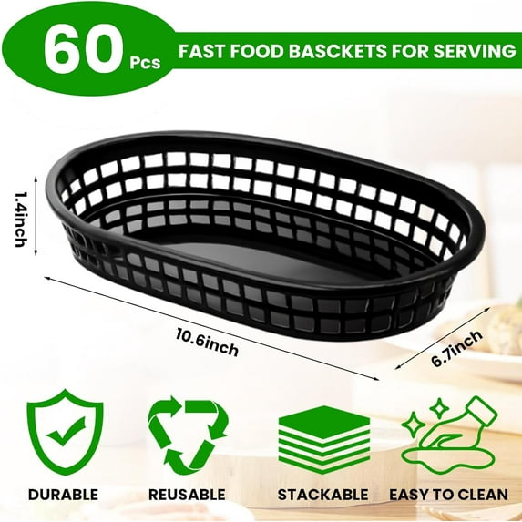 100 Pack Fast Food Baskets - 10.5 x 7 Inch Black Restaurant Tray ...