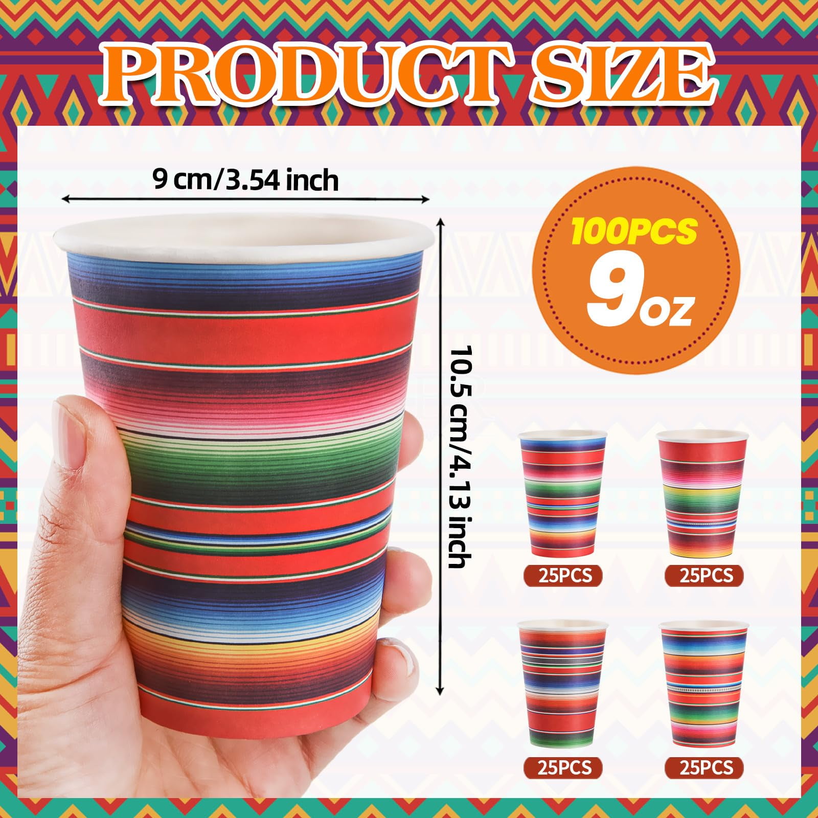 100 Pack Fiesta AJH3 Paper Cups Mexican Serape Disposable Beverage Cups ...