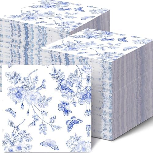 100 Pack Floral Napkins Blue White Floral Cocktail Napkins Blue White ...