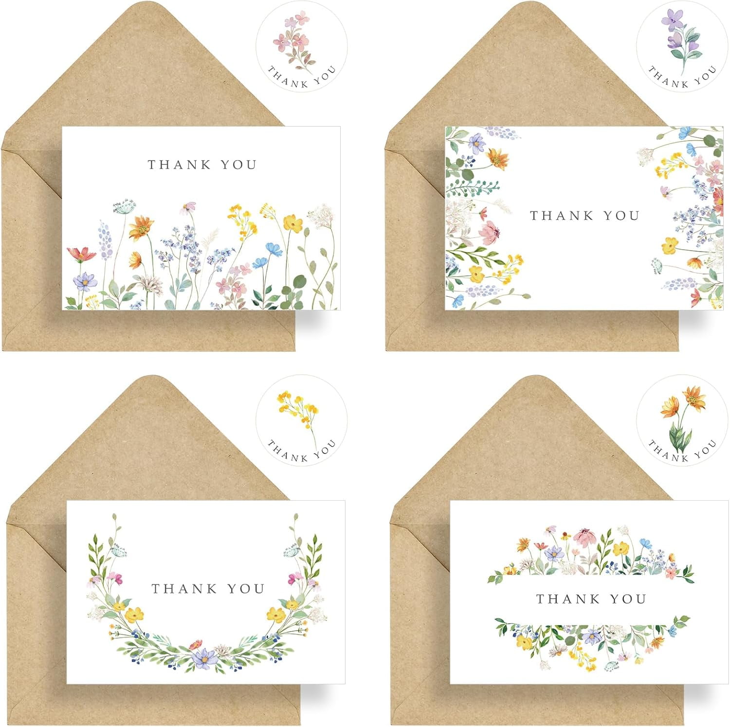 100 Pack Floral Thank You Cards with Envelopes, Watercolor Wildflowers ...