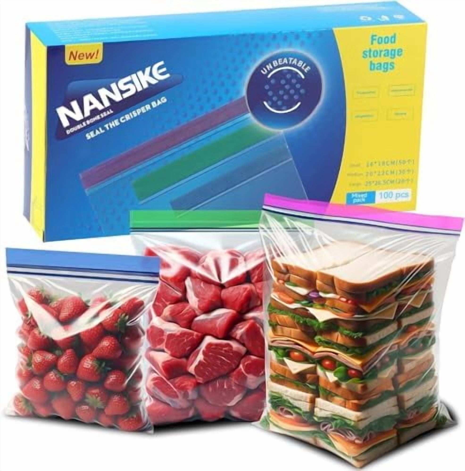100-Pack Food Storage Freezer Bags - 3 Sizes, Reusable with Zipper Lock ...