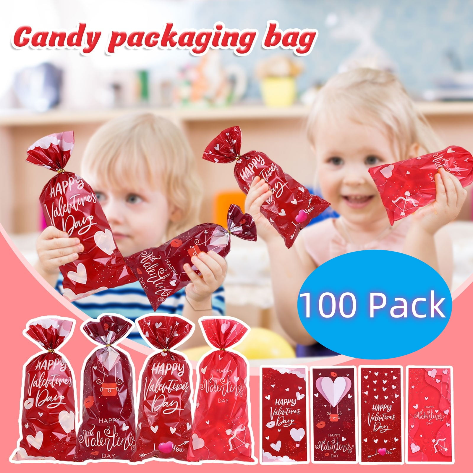 100 Pack Gift Treat Bags Valentine's Day Cellophane Bags Blessing Candy Bag Pattern Treat Bags ...