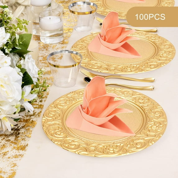 100 Pack Gold Charger Plates, 13 Inch Round Plastic Charger Plate Set ...